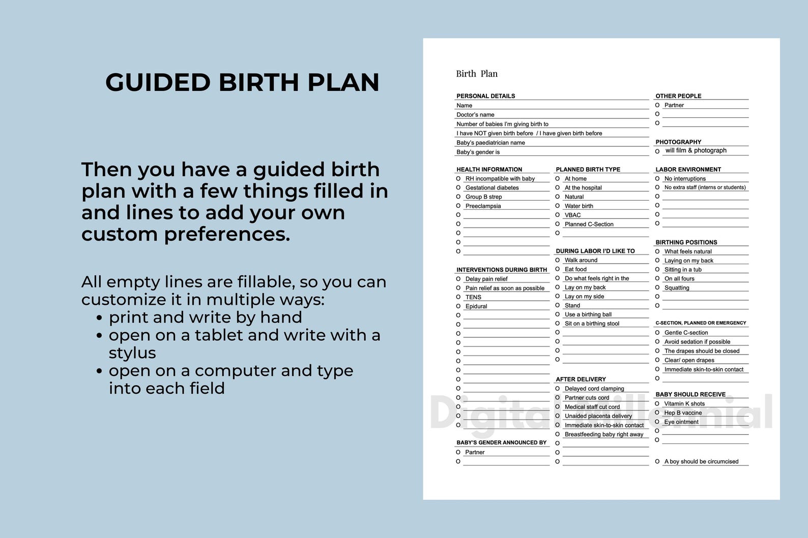 Printable Fillable Birth Plan in US Letter and A4 Sizes - Etsy