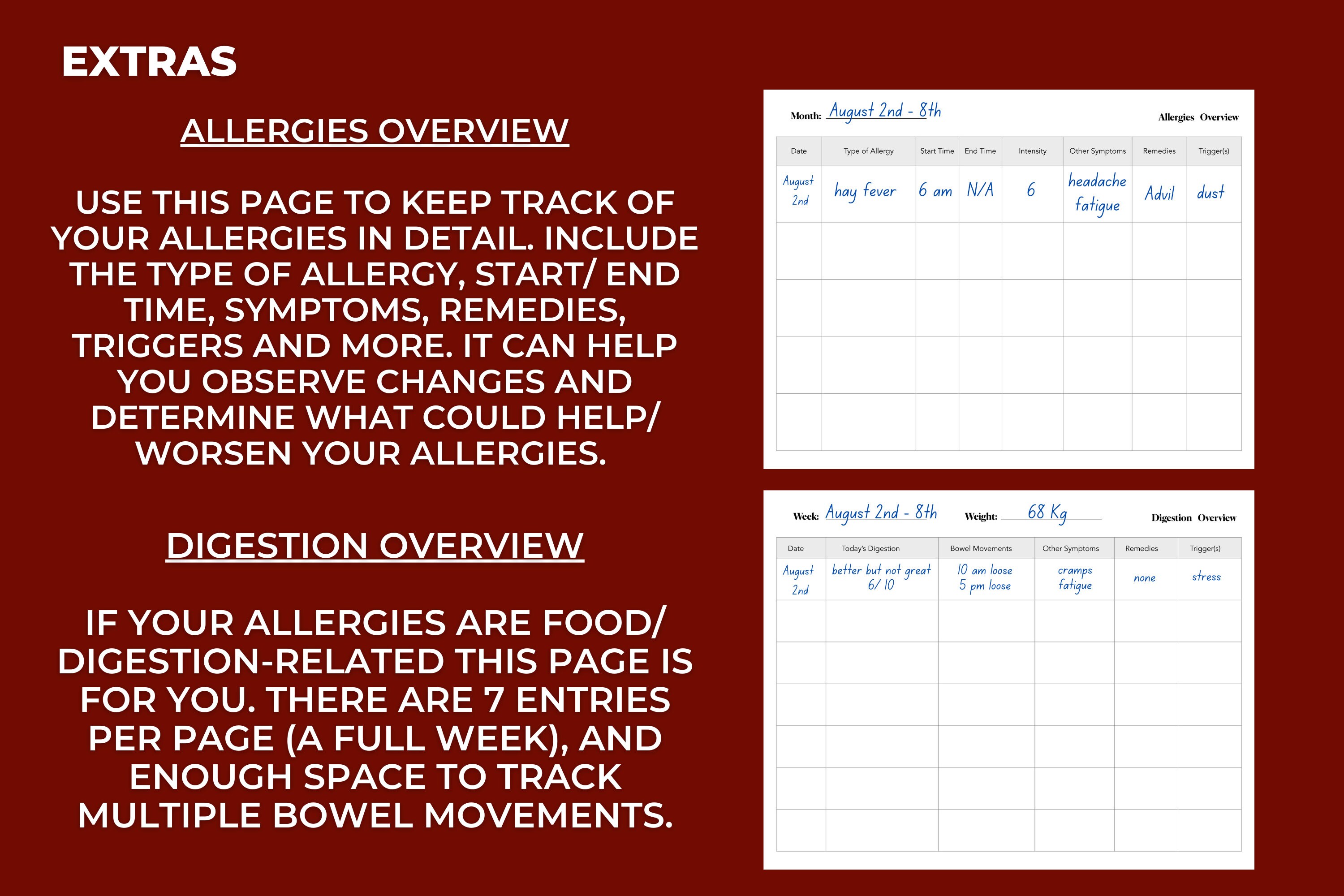 Printable Allergies Tracker for Food, Chemical, Pet Allergies; Works ...