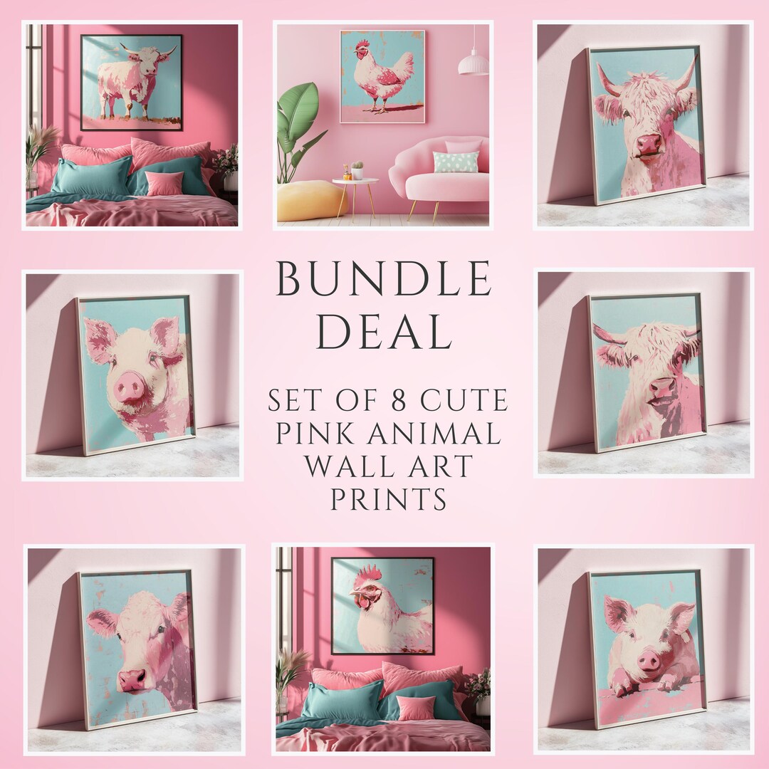 BUNDLE DEAL - Set of 8 Cute Pink Animal Prints, Pink Farm Animals, Wall ...