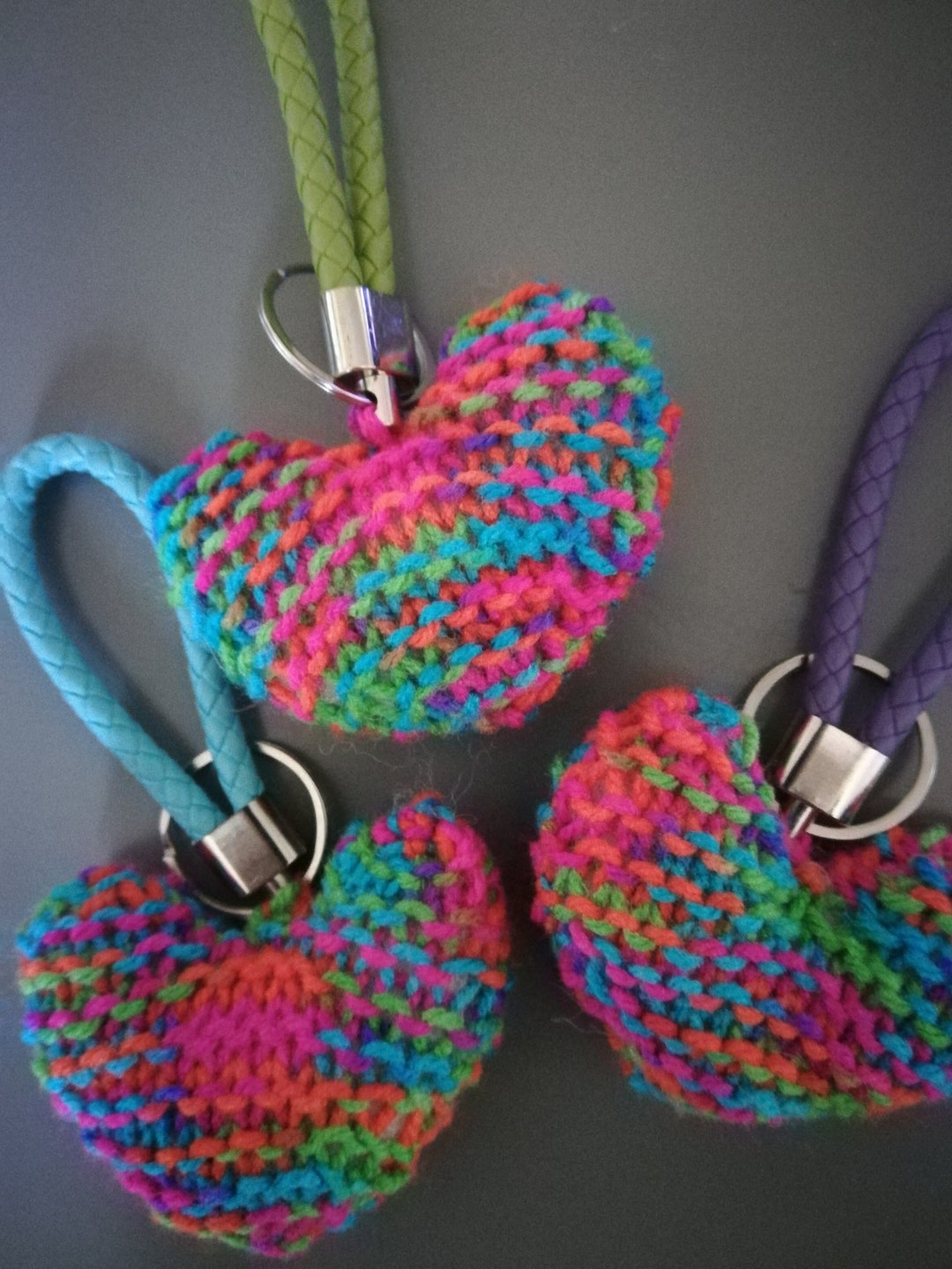 Hand Knitted Key Ring Rainbow Hearts With Coloured Faux Leather Straps ...
