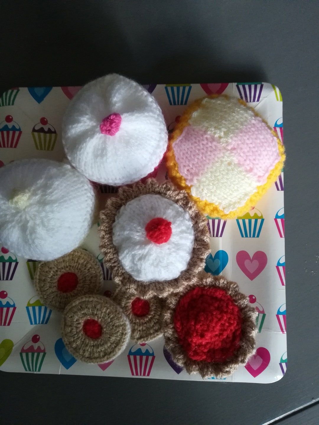 Party Cake Plate, Hand Knitted 3 Jam and Cream Biscuit , 1 Battenburg ...