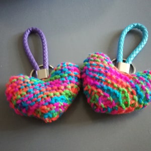 Hand Knitted Key Ring Rainbow Hearts With Coloured Faux Leather Straps ...