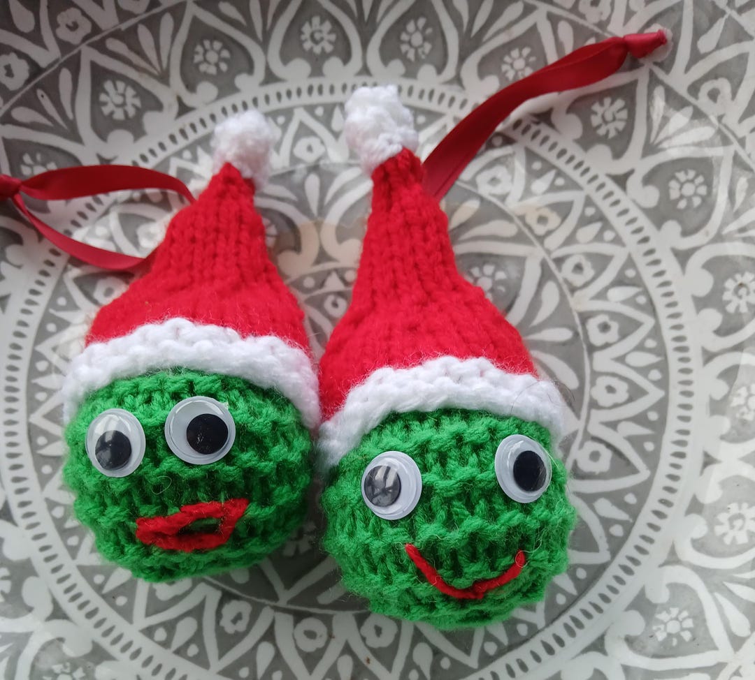 Mr and Mrs Xmas Hanging Sprout. Hand Knitted Pair of Christmas Baubles ...
