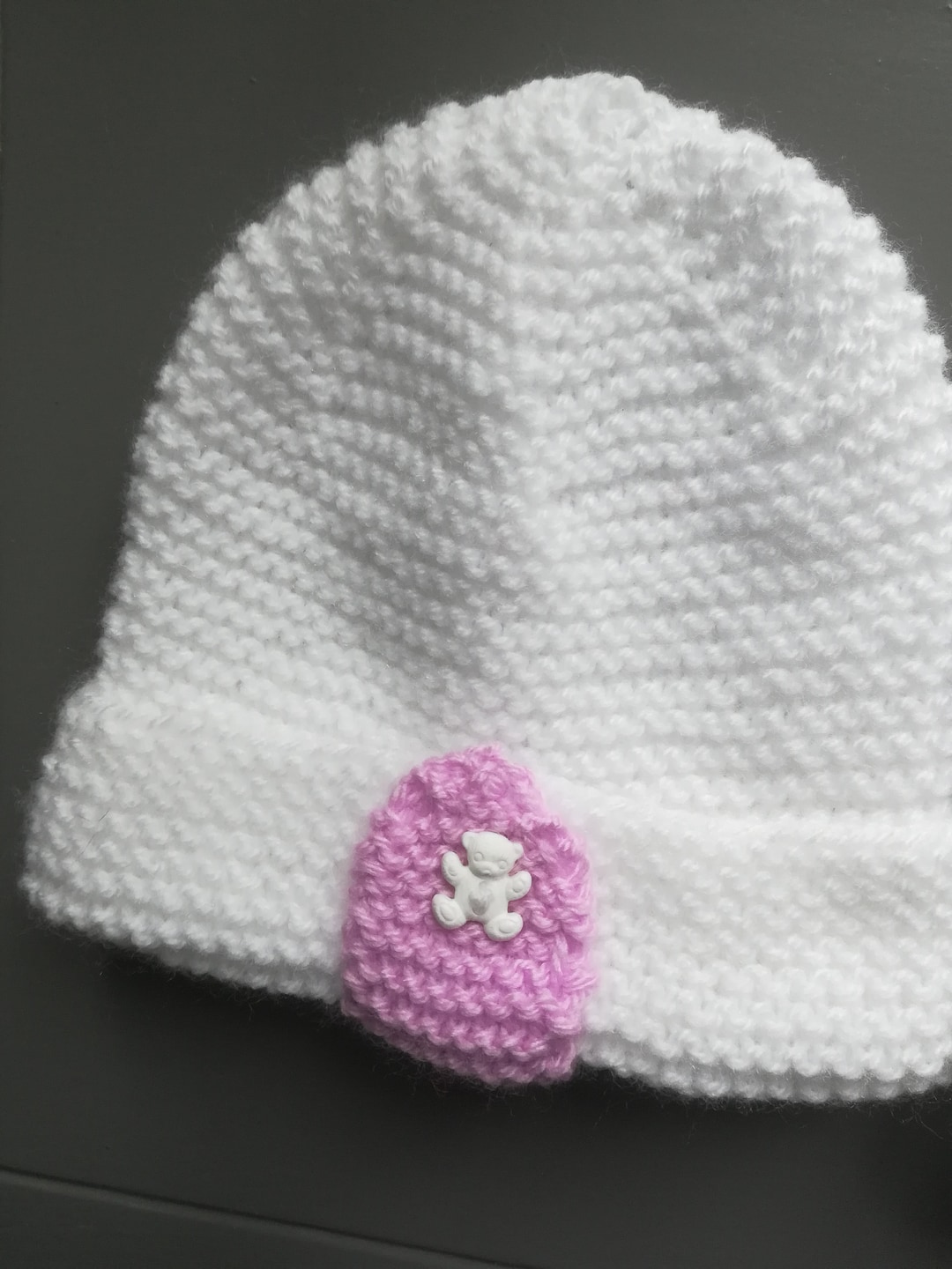 Hand Knitted Baby Hat Knitted in White With Either a Blue or Pink Tab ...
