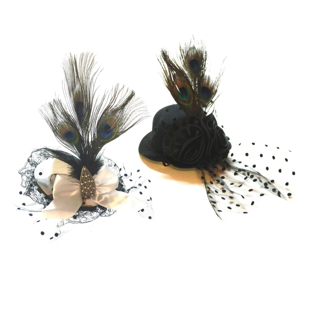 Micro Mini Top Hat Peacock Feathers Hair Fascinator, Gothic Black White ...