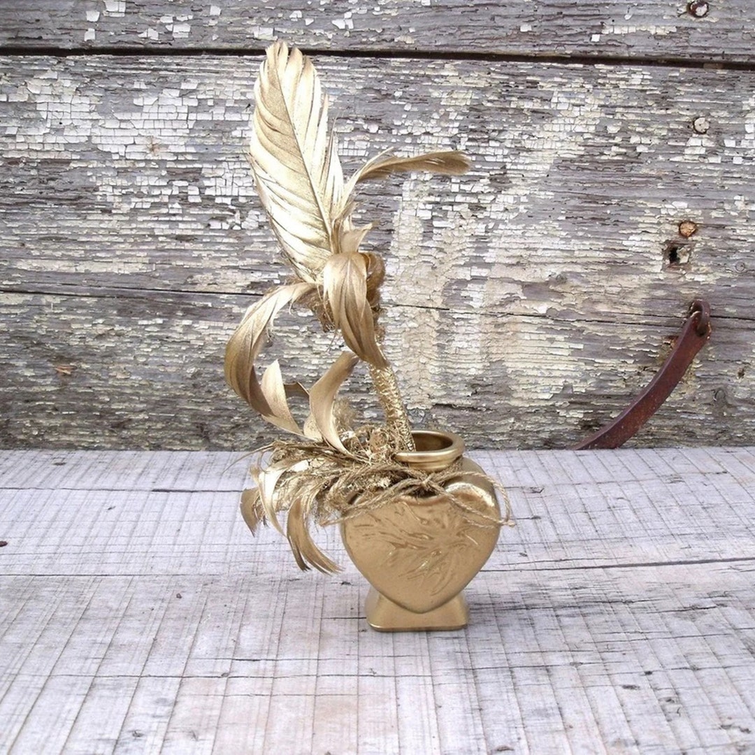 Golden Gothic Feather Pen & Heart Inkpot Set: Wedding Decor - Etsy