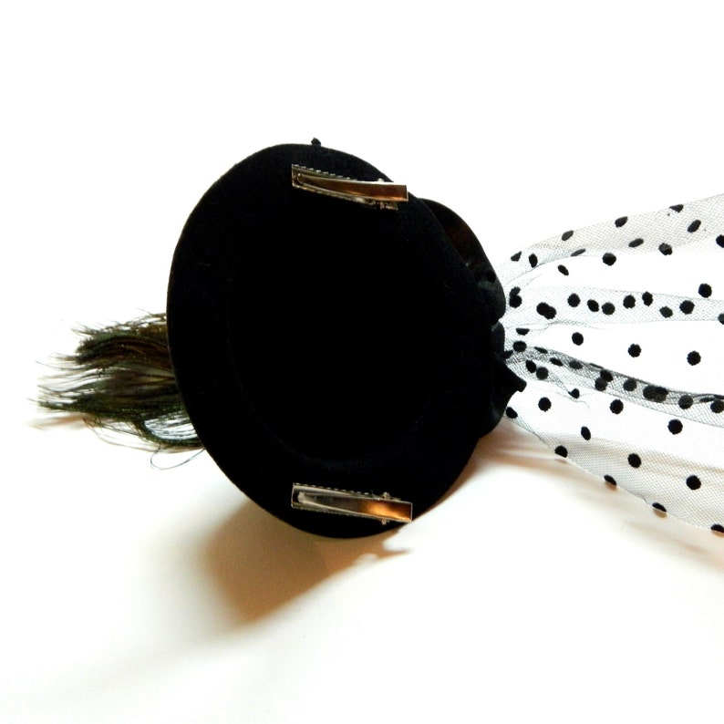 Micro Mini Top Hat Peacock Feathers Hair Fascinator, Gothic Black White ...