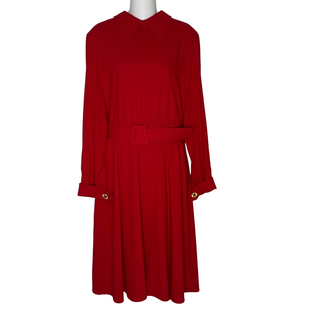 Vintage Solid Red Dress Size Medium Belted Pointed Collar - Etsy