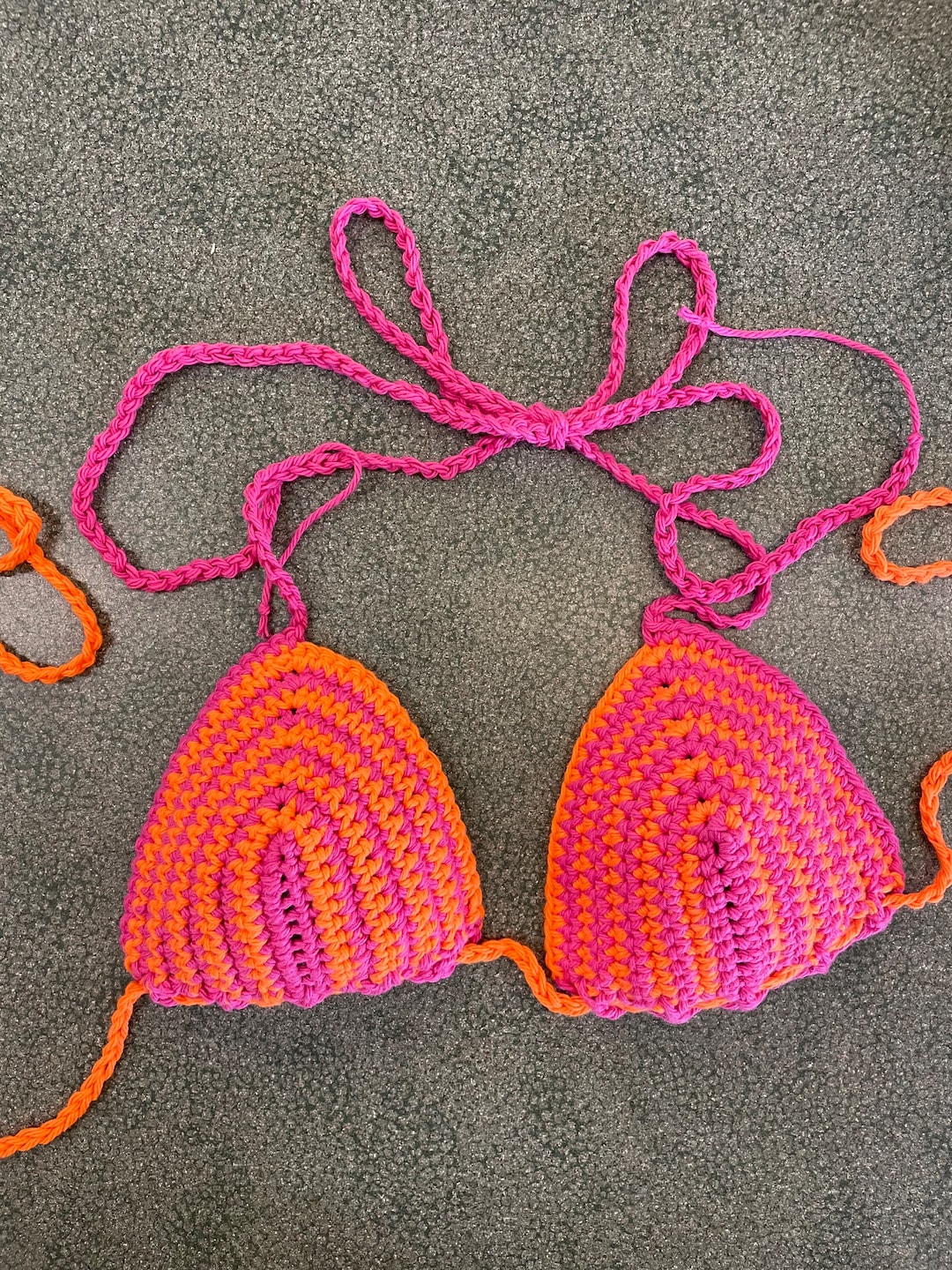 100% Cotton Orange & Pink Crochet String Bikini Top - Etsy