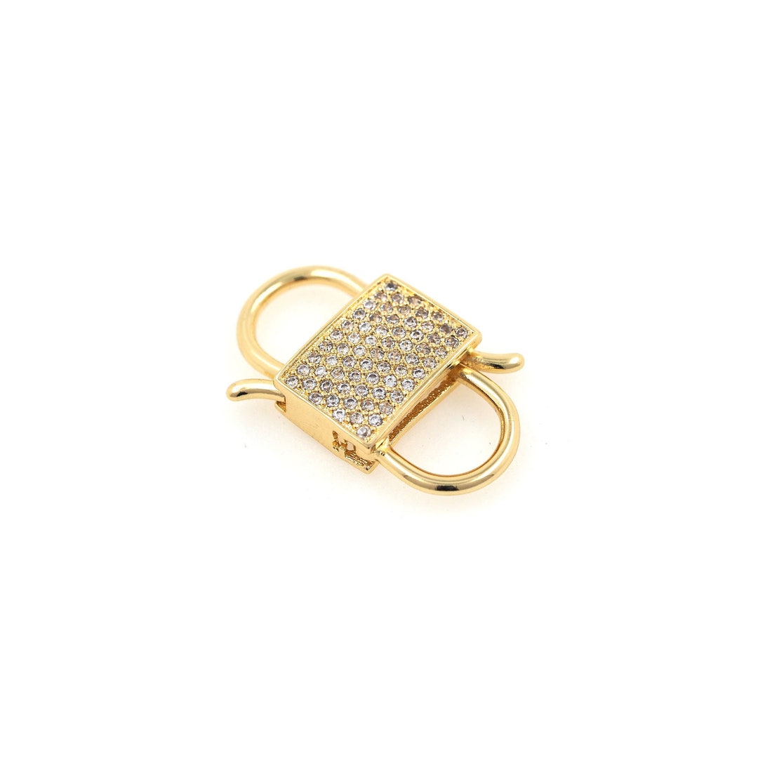 18K Yellow Gold Stuffed Lock Clasp, Micropavé CZ Jewelry Link, Necklace ...