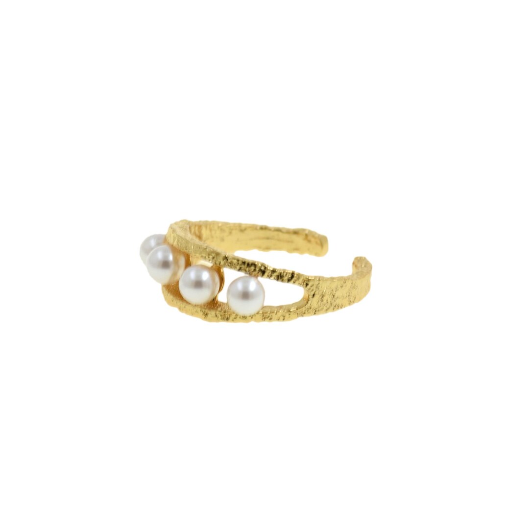 Open Gold Band Ring Featuring Faux Pearls, Organic Textured Finish for ...