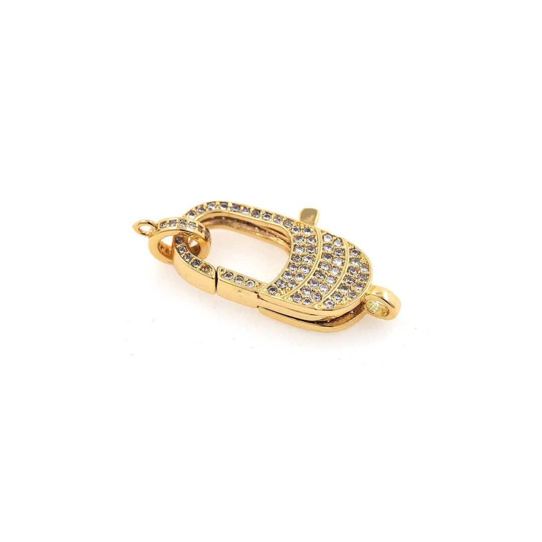 18K Yellow Gold Stuffed Lock Clasp, Micropavé CZ Jewelry Link, Necklace ...