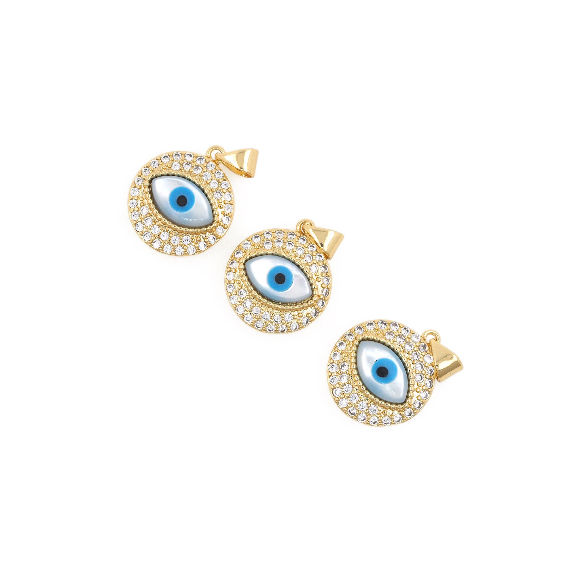 18K Gold Filled White Shell Evil Eye Pendant, Micropavé CZ Round Gold ...