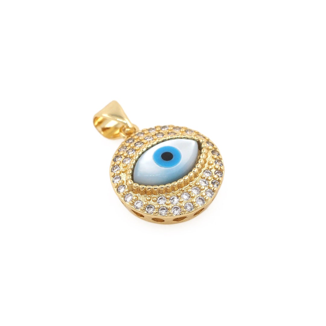 18K Gold Filled White Shell Evil Eye Pendant, Micropavé CZ Round Gold ...