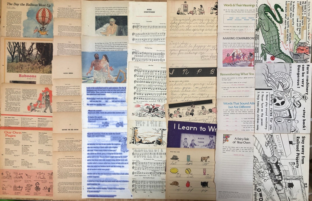 40 Pc Vintage Children's School/book Pages Paper Lot W ...