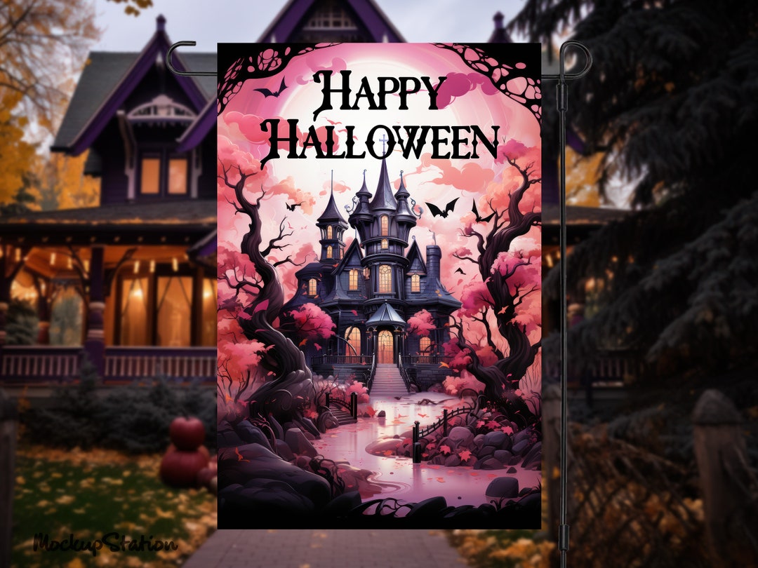 Halloween Haunted House Garden Flag Design PNG, Pink Gothic Spooky Yard ...