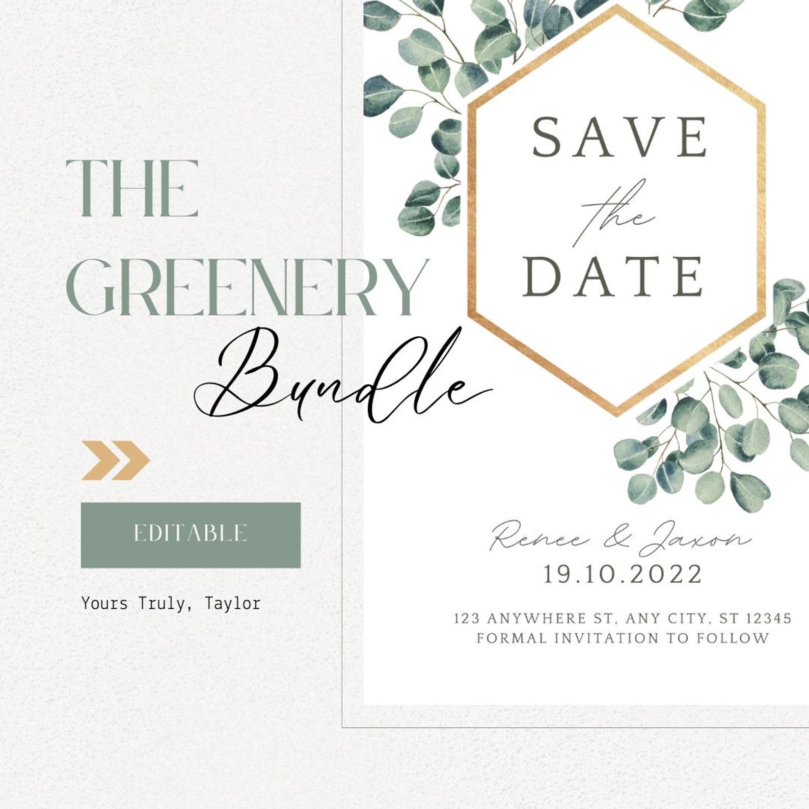 EDITABLE Greenery Wedding Invitation Bundle Template, Greenery Gold ...
