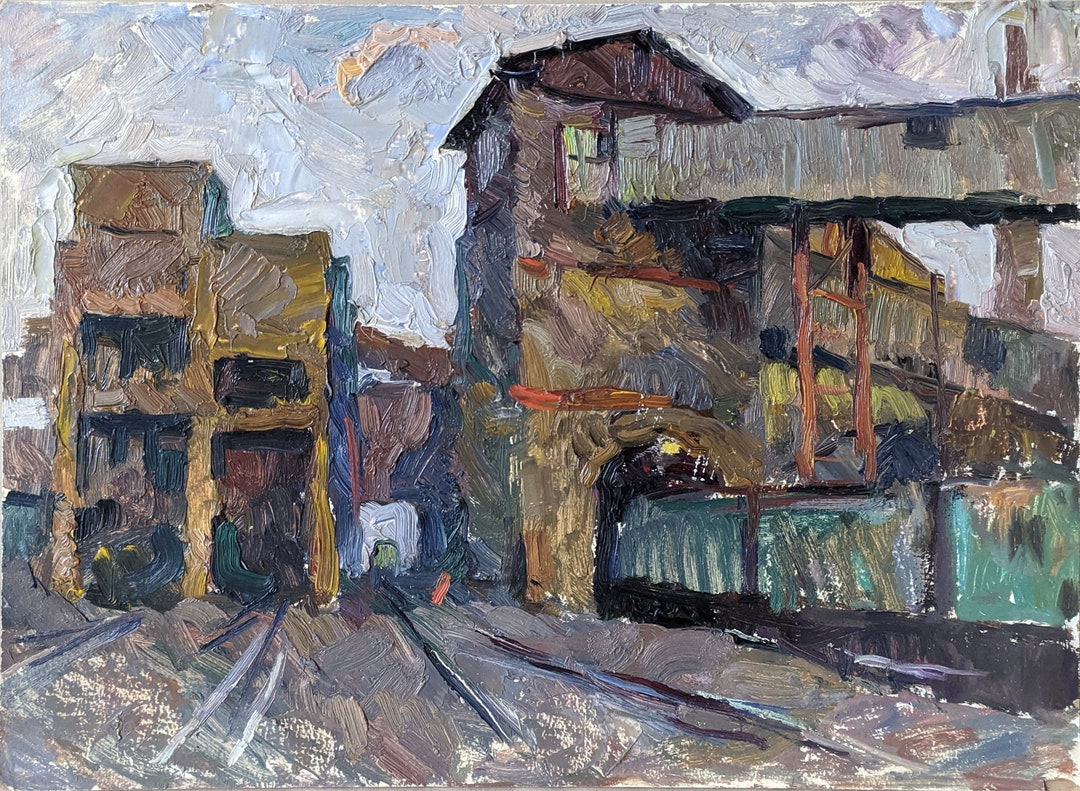 VINTAGE INDUSTRIAL LANDSCAPE Original Oil Painting by Ukraine Artist A ... VINTAGE INDUSTRIAL LANDSCAPE Original Oil Painting by Ukraine Artist A ...