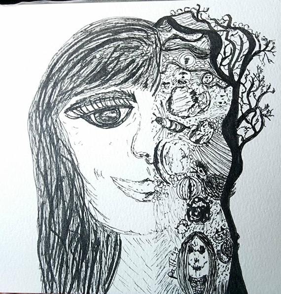 Pen Art Illustration of Half Woman's Face Chaotic - Etsy