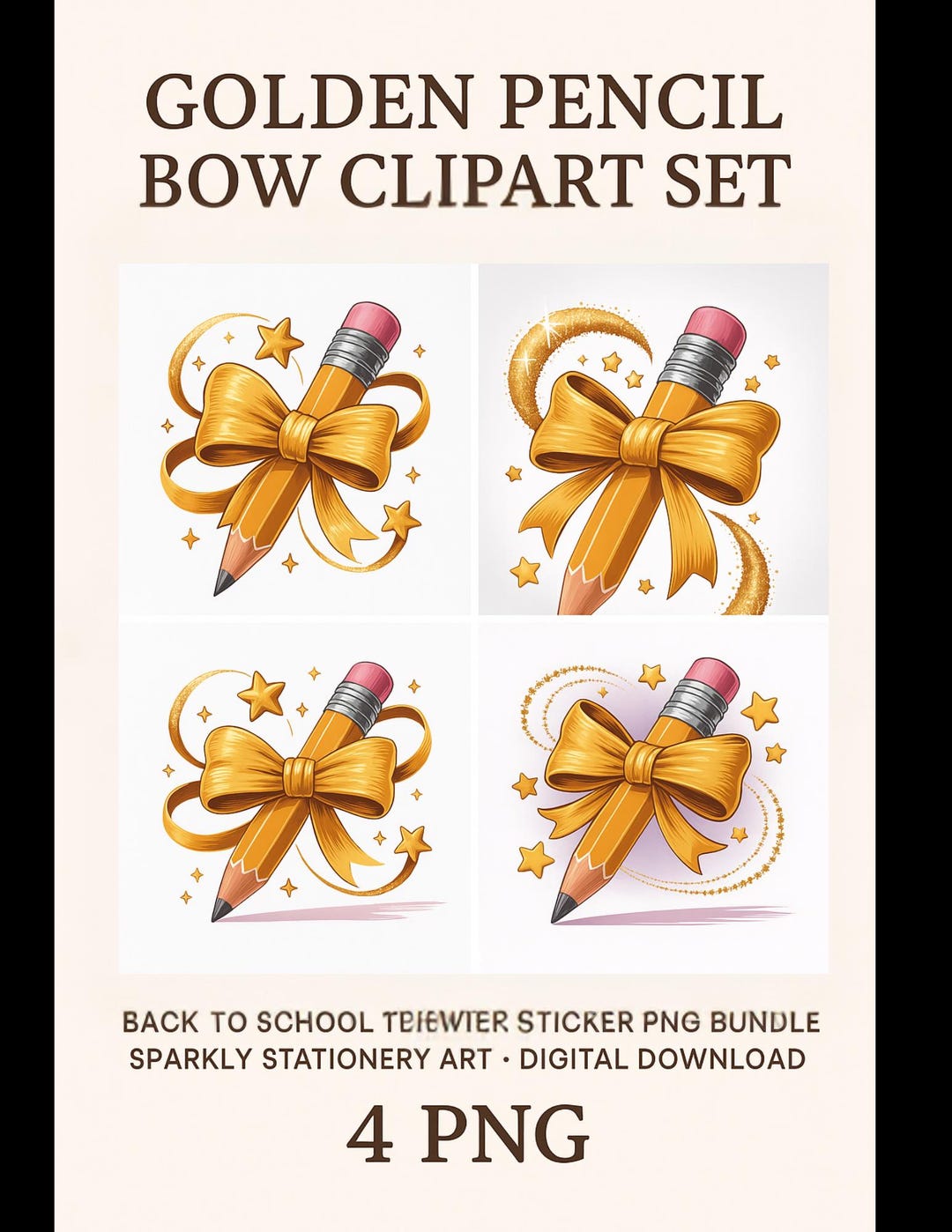 Golden Pencil Bow Clipart Set: Teacher Stickers, Stationery Art ...