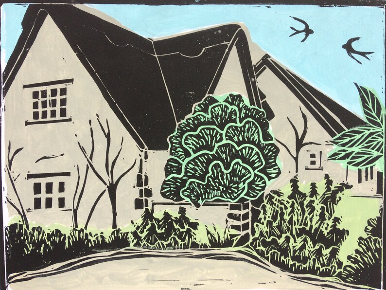 Holly Cottage, Thatched Cottage and Swallows Art Print, Springtime ...