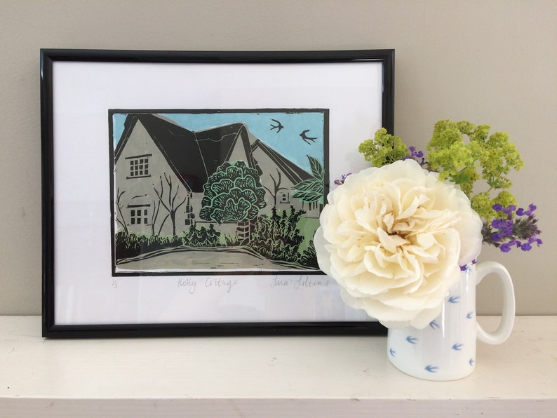 Holly Cottage, Thatched Cottage and Swallows Art Print, Springtime ...