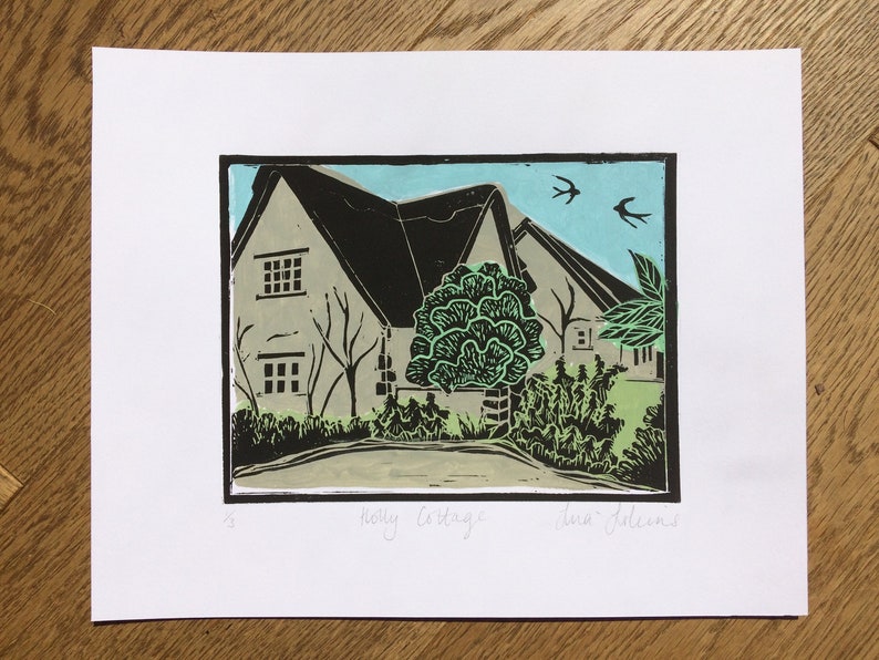 Holly Cottage, Thatched Cottage and Swallows Art Print, Springtime ...