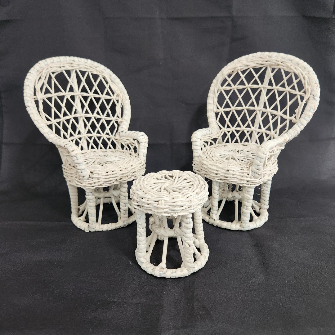 Vintage Wicker Table and Chair Set, Doll Furniture, White Painted ...