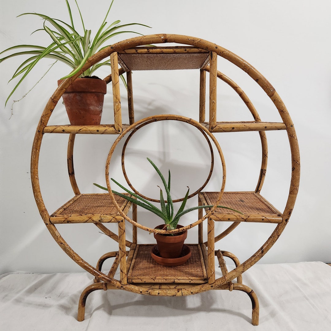 Mid Century Boho Bamboo Round Display Shelf, Rattan Weave Shelf Unit - Etsy
