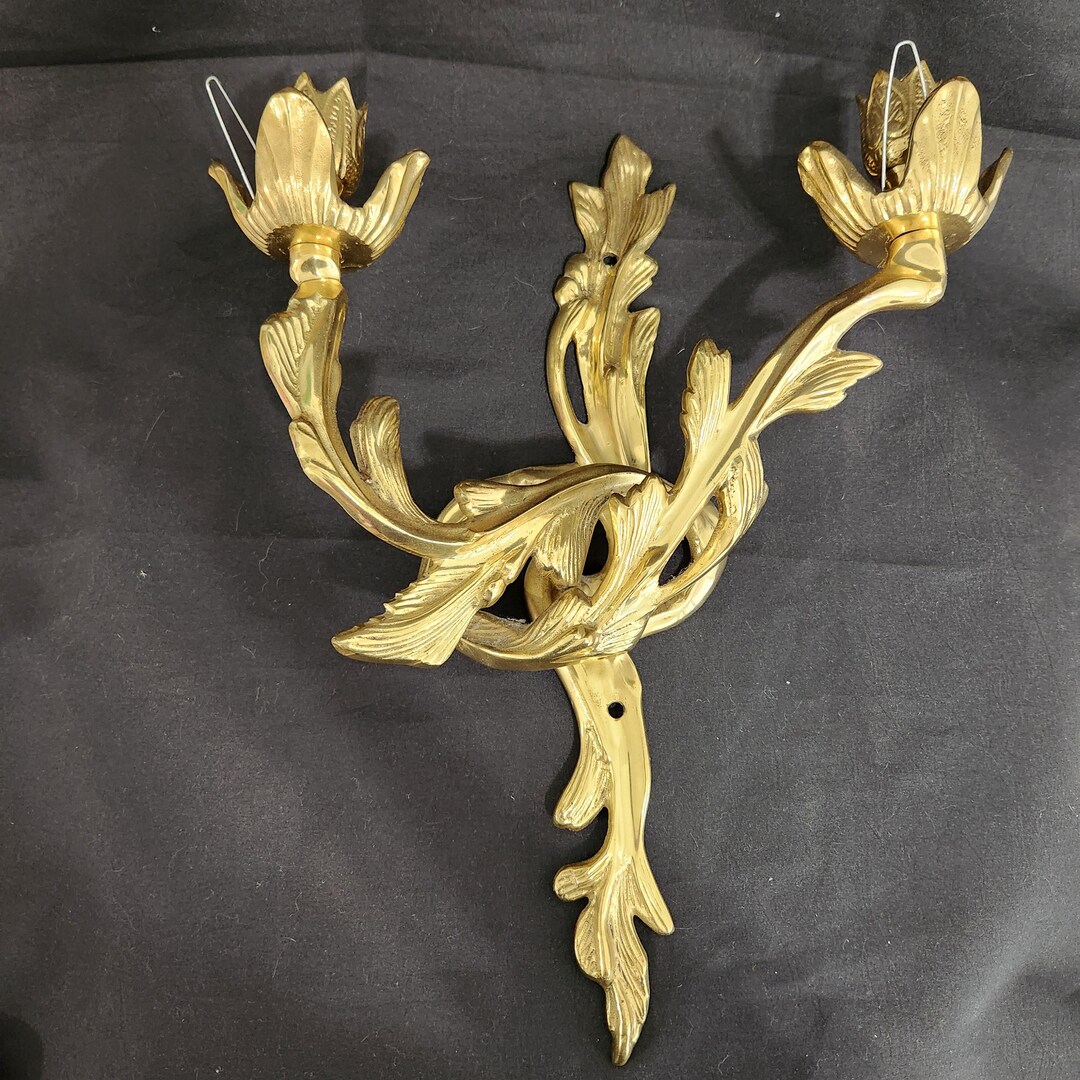 Solid Gilded Brass Dual Candle Wall Sconce, Leaf Pattern, Rococo ...