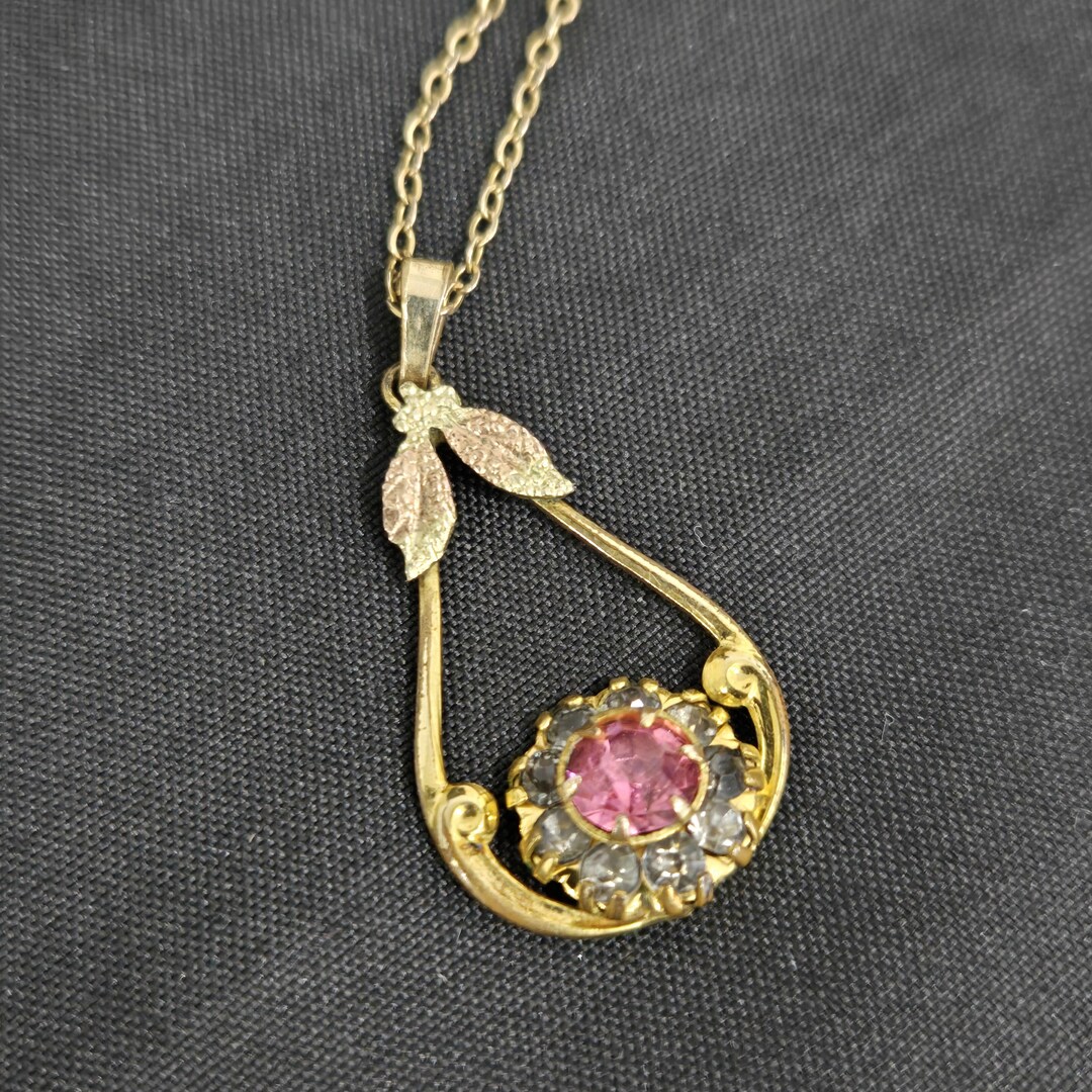 White Co 12K Gold Filled Pink Clear Stone Flower Pendant Necklace ...