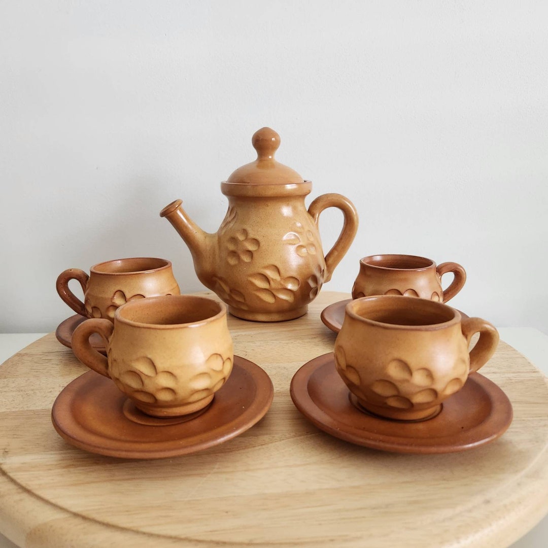 Clay Teapot Set With 4 Cups and Saucers, Floral Indent Pattern - Etsy