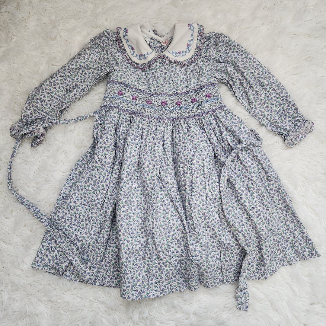 Angel Suit Hand Smocked Blue Floral Bib Tie Waist Girl's Dress Size 3 ...