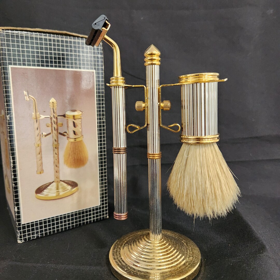 Vintage 1970s-1980s Gold and Silver Tone Shaving Kit, Stand, Brush and ...