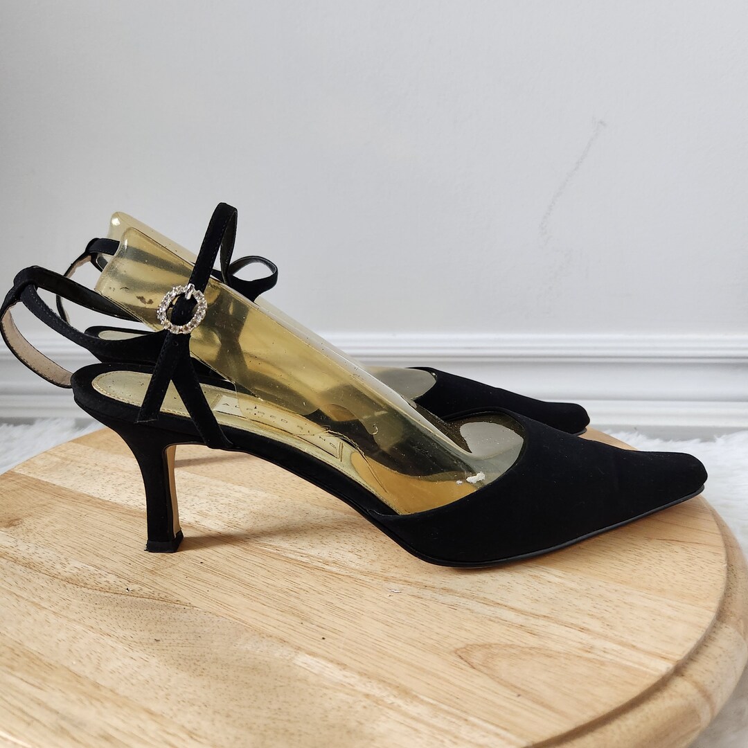 Alfred Sung Black Fabric Pointed Toe Ankle Strap Jewel Buckle Evening ...