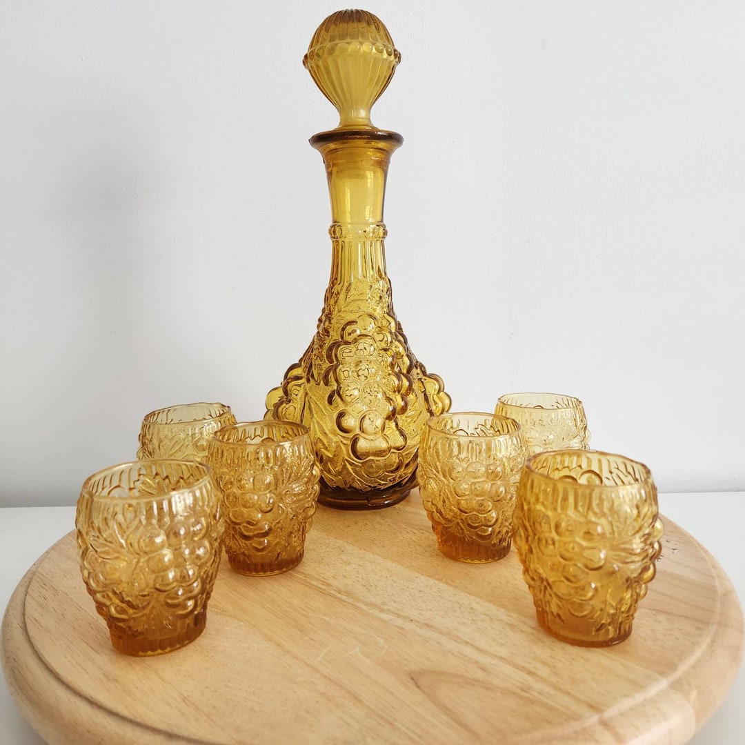 Vintage Amber Depression Glass Grape Pattern Decanter and Glasses Set ...