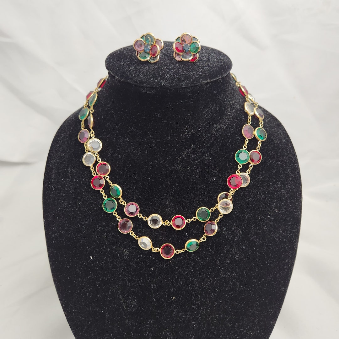Swarovski Bezel Multi Color Crystals Gold Tone Chain Matching Cluster ...