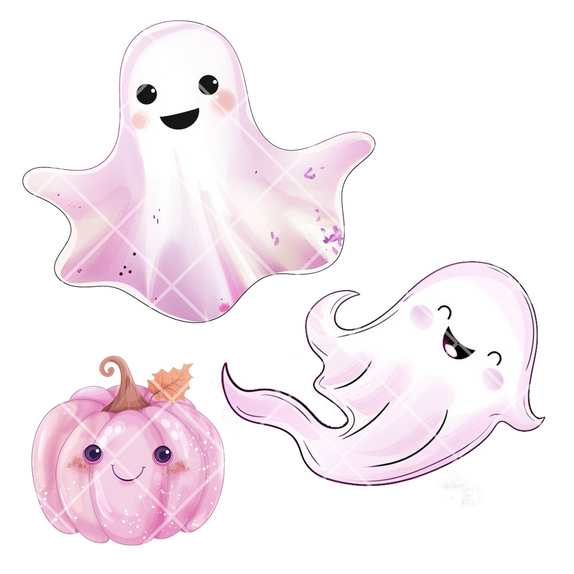 Cute Pink Autumn Ghosts Pumpkins Clipart, Watercolor PNG, Digital ...