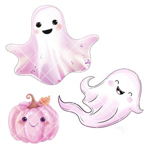 Cute Pink Autumn Ghosts Pumpkins Clipart, Watercolor PNG, Digital ...