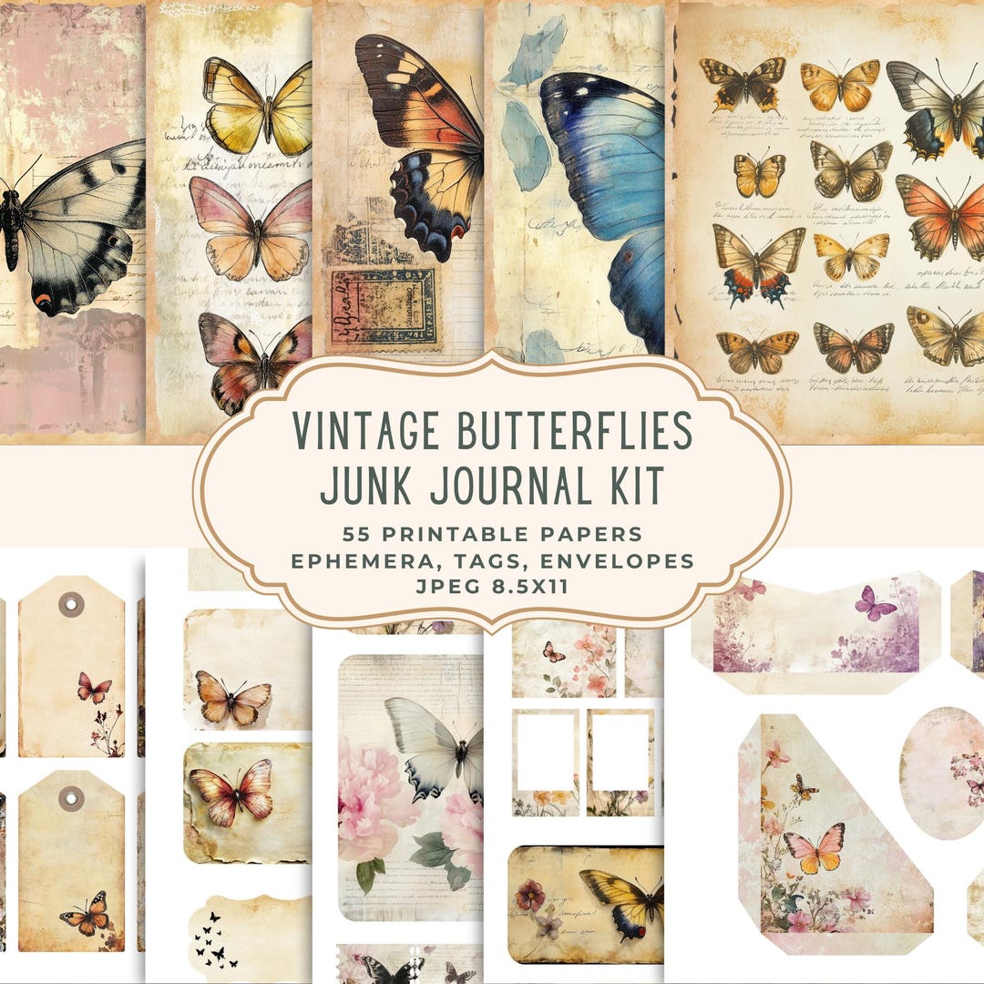 Vintage Butterflies Junk Journal Kit | Printable Ephemera Tags ...