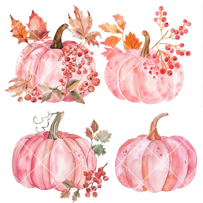 Cute Pink Autumn Clipart, Watercolor PNG, Instant Download, Fall ...