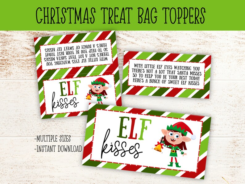 Elf Kisses Christmas Treat Bag Topper | Printable Cookie Bag Topper ...