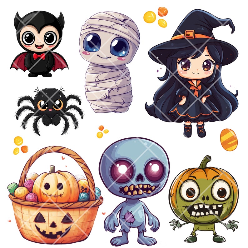 Cute Halloween Kawaii Cartoon Clipart, PNG, Digital Download, Funny ...