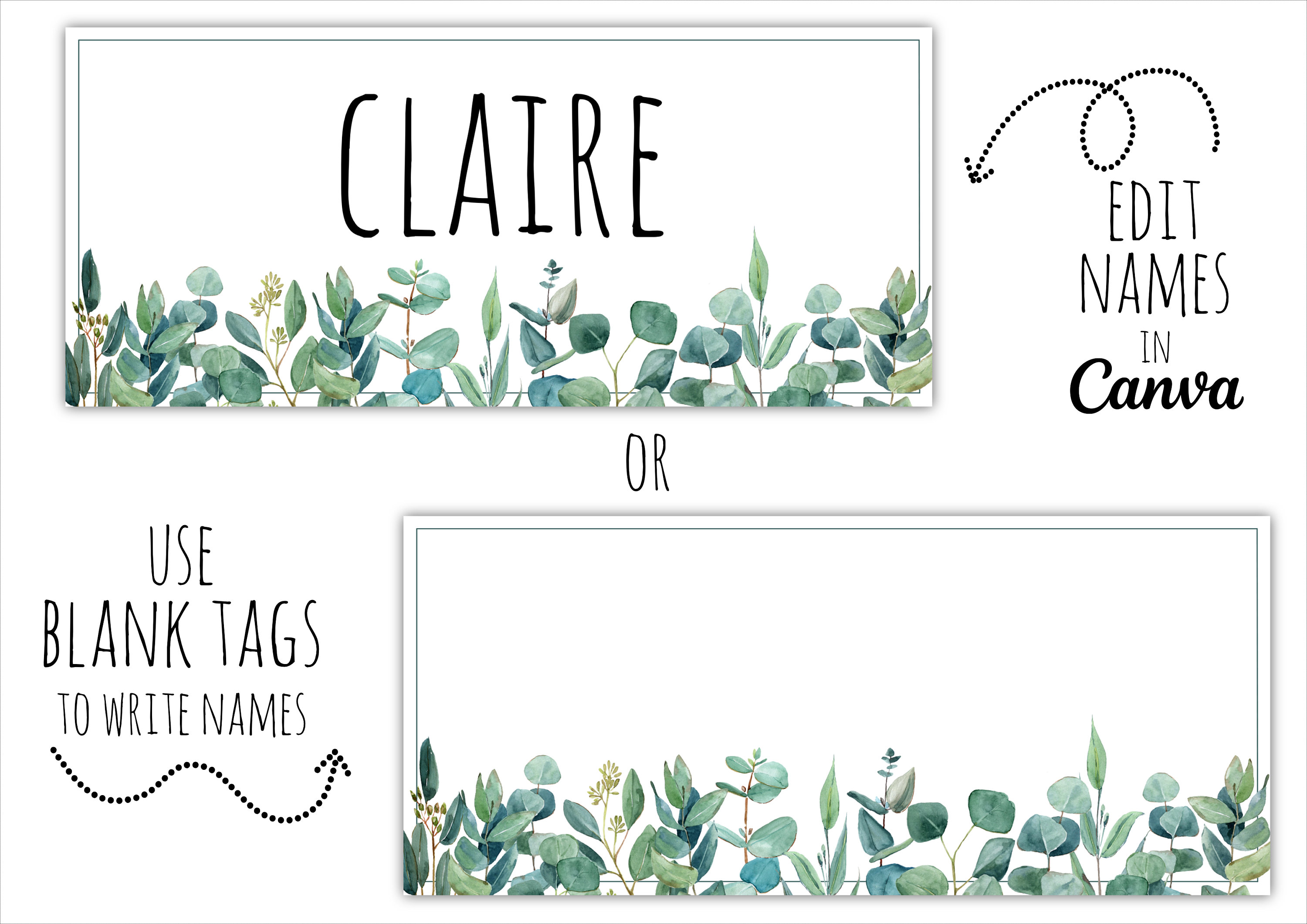 Classroom Name Tags Template Eucalyptus Greenery Botanical Editable ...
