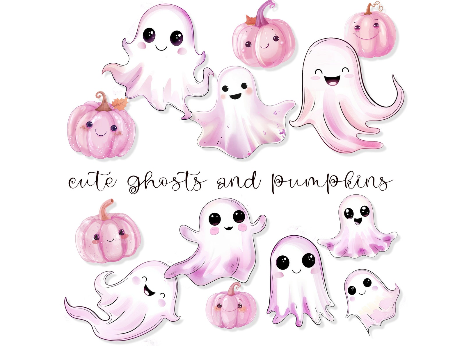 Cute Pink Autumn Ghosts Pumpkins Clipart, Watercolor PNG, Digital ...