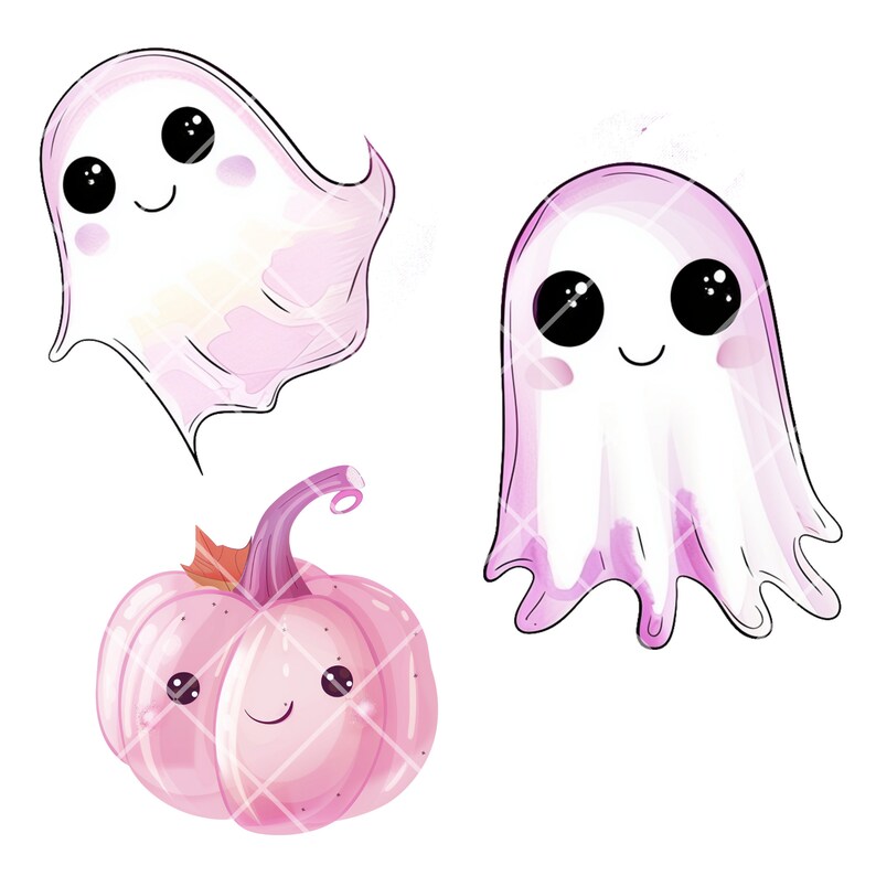 Cute Pink Autumn Ghosts Pumpkins Clipart, Watercolor PNG, Digital ...