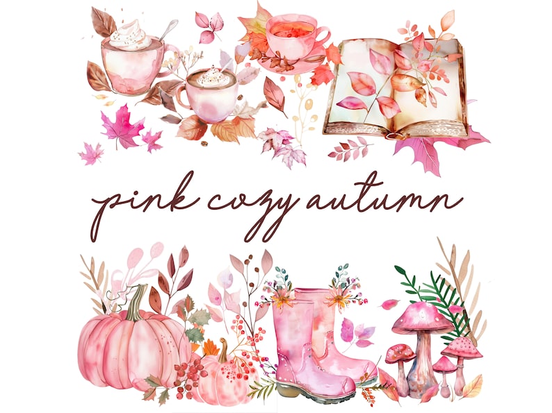 Cute Pink Autumn Clipart, Watercolor PNG, Instant Download, Fall ...