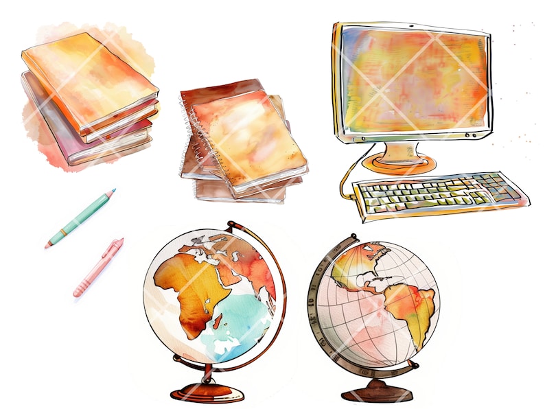 School Supplies Clipart, Watercolor Pngs, Instant Download, Classroom ...