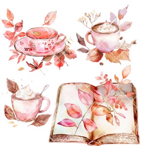 Cute Pink Autumn Clipart, Watercolor PNG, Instant Download, Fall ...