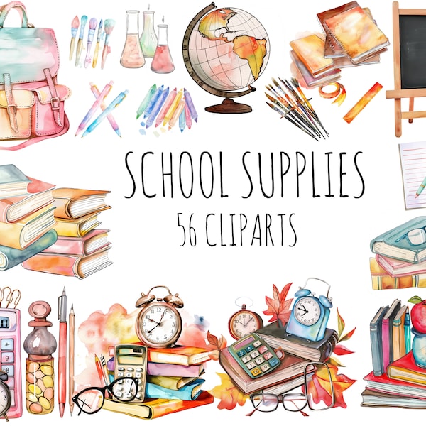 School Supplies Clipart, Watercolor Pngs, Instant Download, Classroom ...